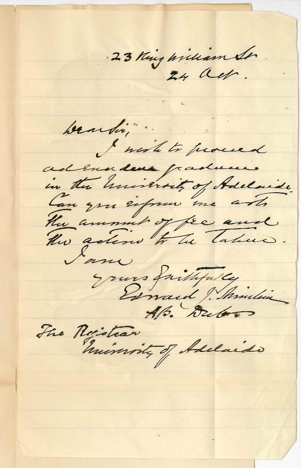 Edward J Minchin - King William Street Adelaide - Regarding Admission ...