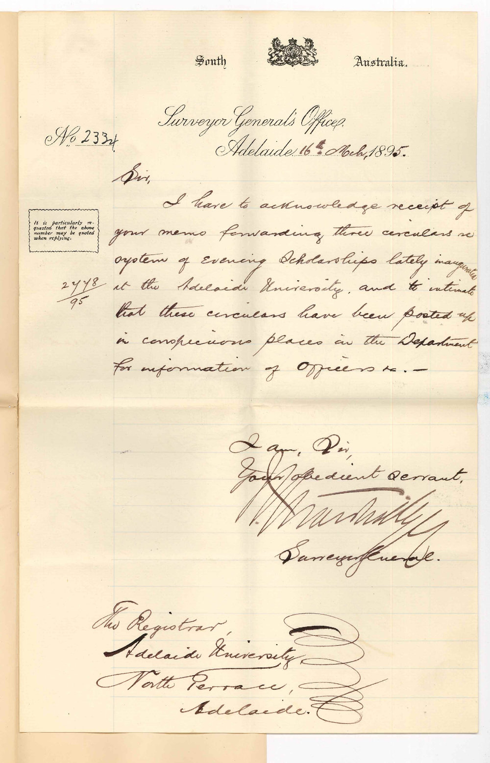 William Strawbridge - Surveyor General Adelaide - Received circulars re ...