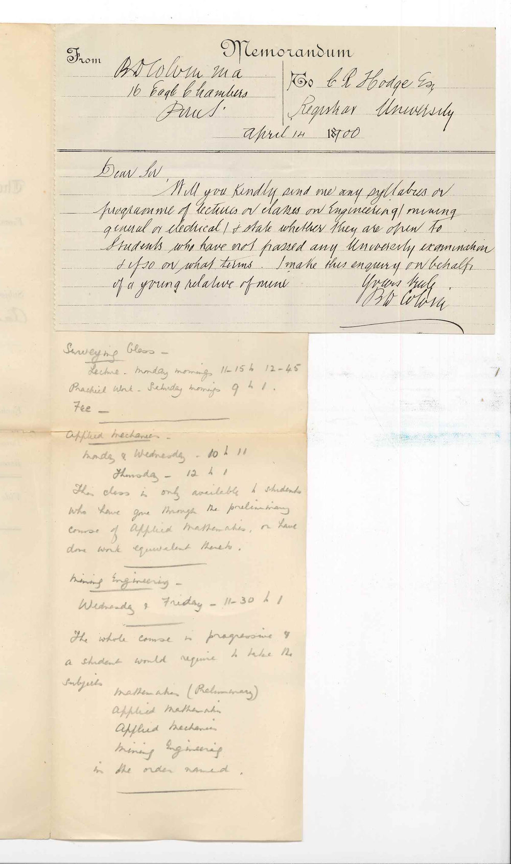 Bazett David Colvin - Adelaide - Re particulars of Engineering Classes ...